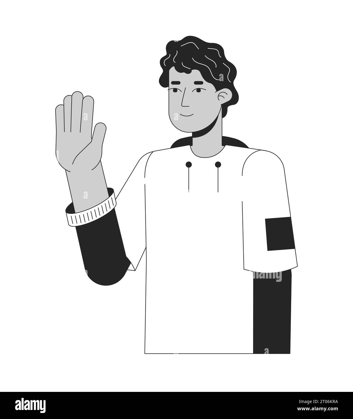 Latino young man saying hello black and white 2D line cartoon character ...