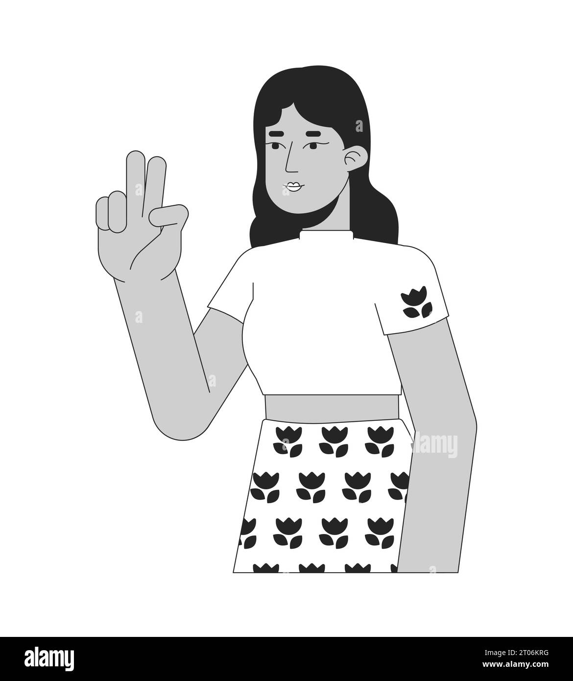 Latina young adult with two fingers up black and white 2D line cartoon character Stock Vector ...