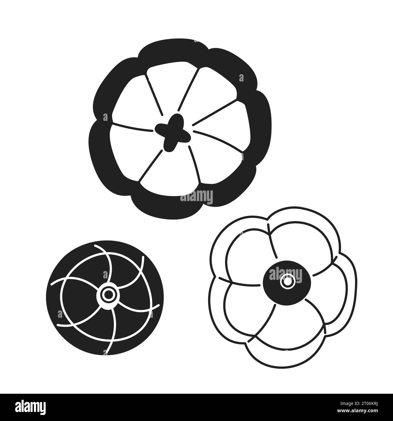 Three pumpkins top view black and white 2D cartoon object Stock Vector ...