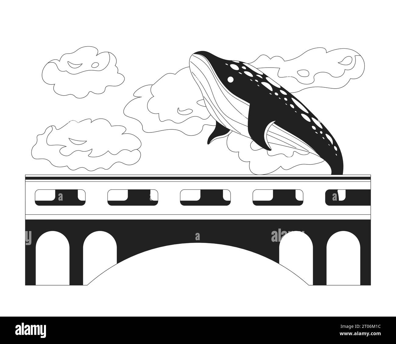 Whale humpback flying above bridge black and white 2D illustration ...