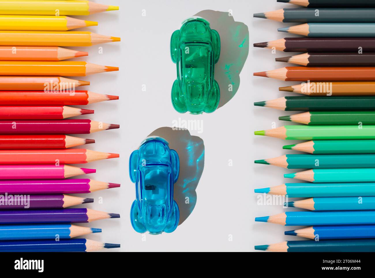 Creative racing cars layout made of colored pencils and pencil ...