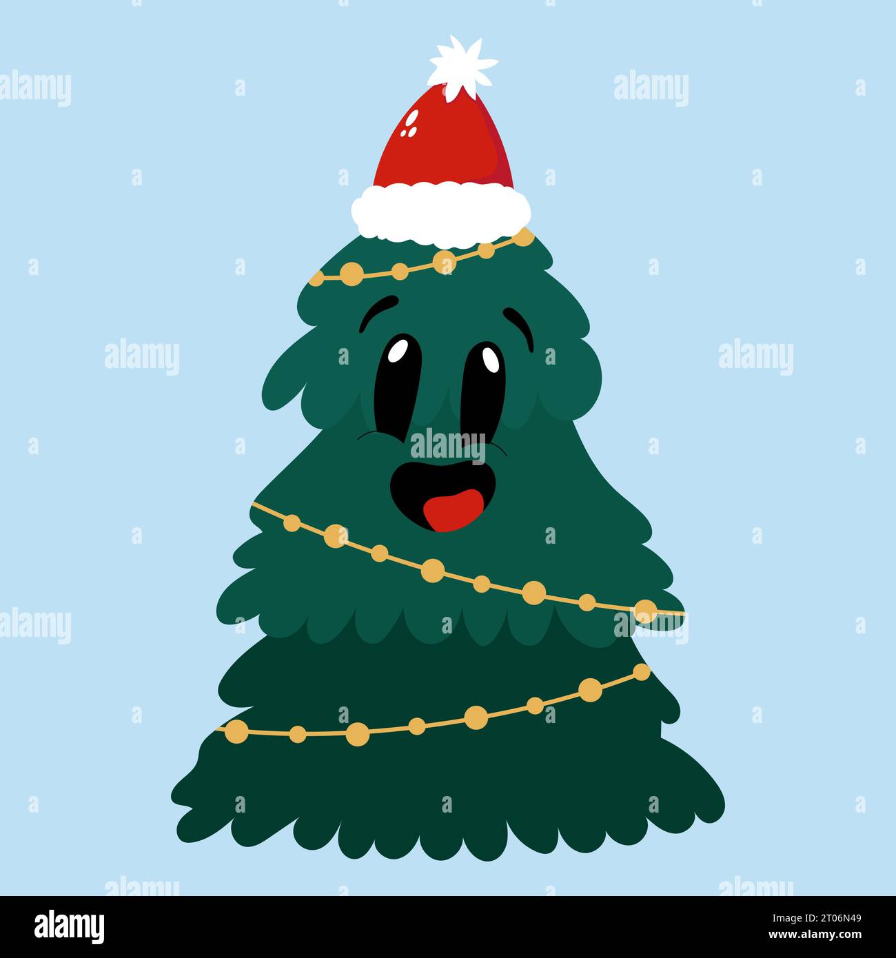 Happy Christmas tree wearing santa hat. Hand drawn vector mascot design ...