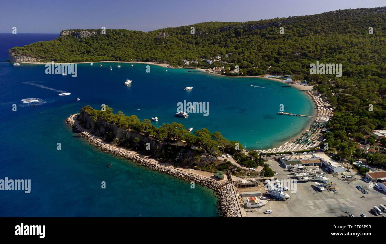Aerial view of of coastal area of Kemer, Turkish beach resort city ...