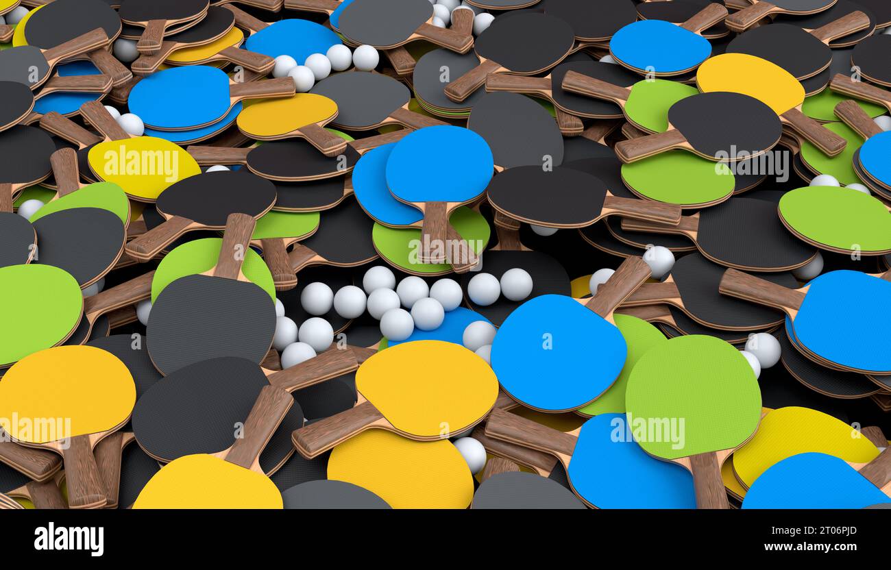 Pile of sport equipment like ping pong racket for table tennis on white ...