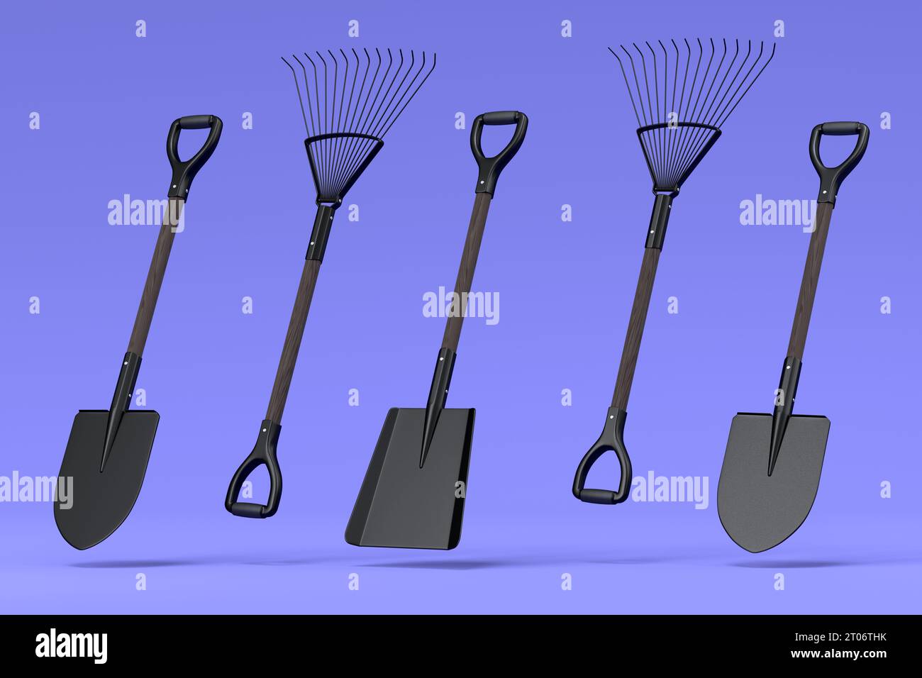 Garden shovel, pitchfork and rake on violet background. 3d render of ...