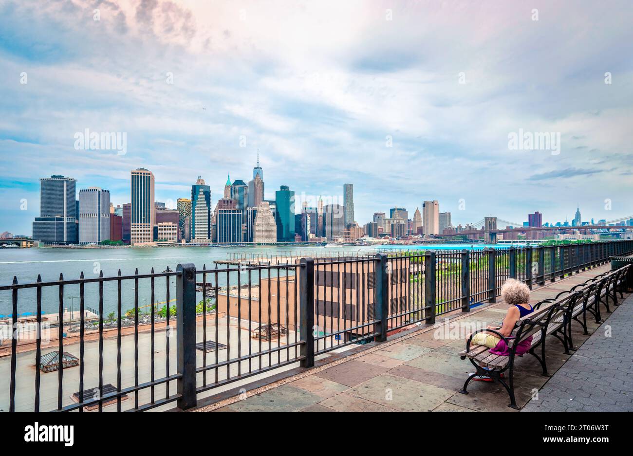 An unidentified lonely woman enjoys the view of the lower Manhattan ...