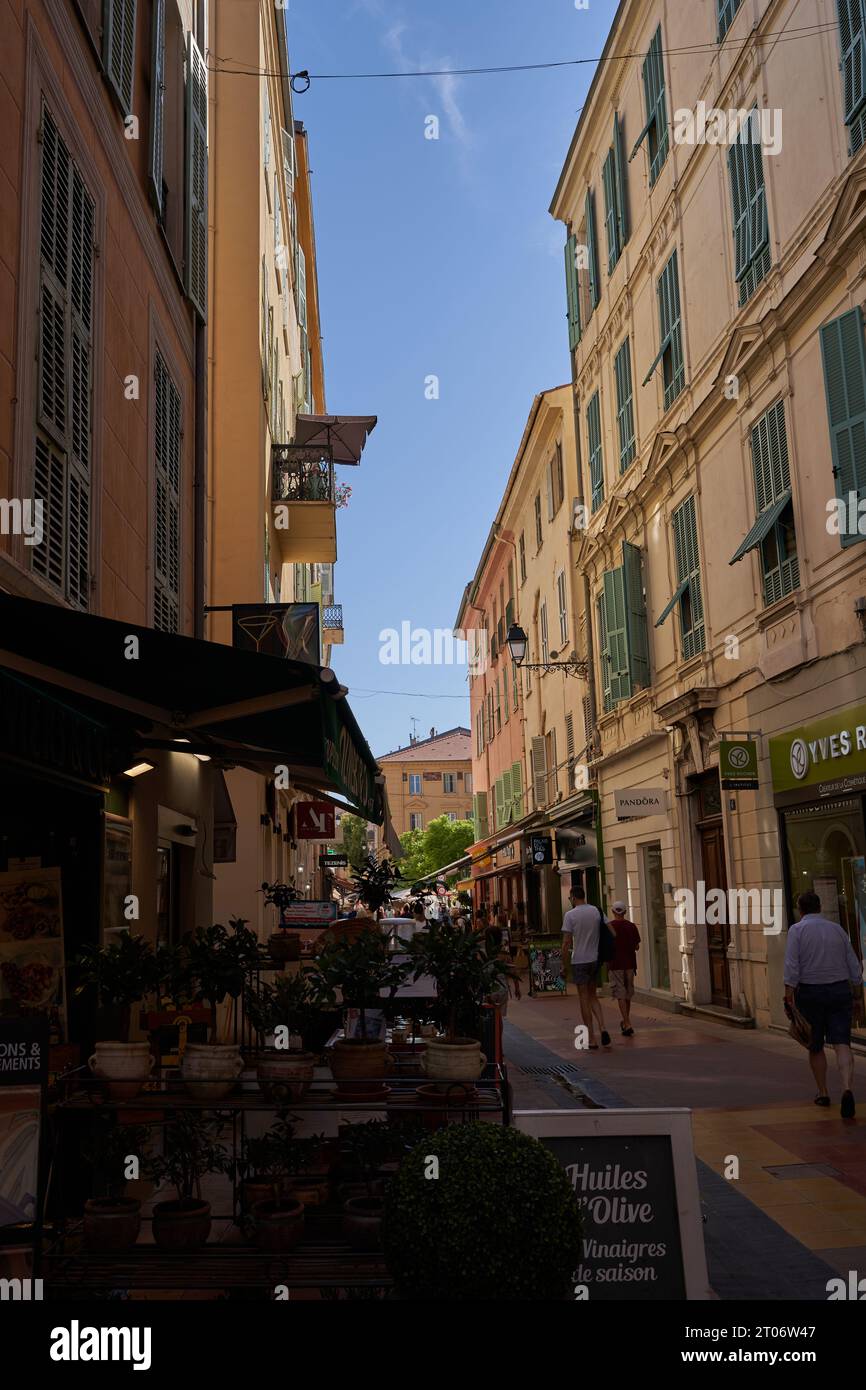 Menton, France – August 8, 2023 - Street view in Menton old town, is a ...