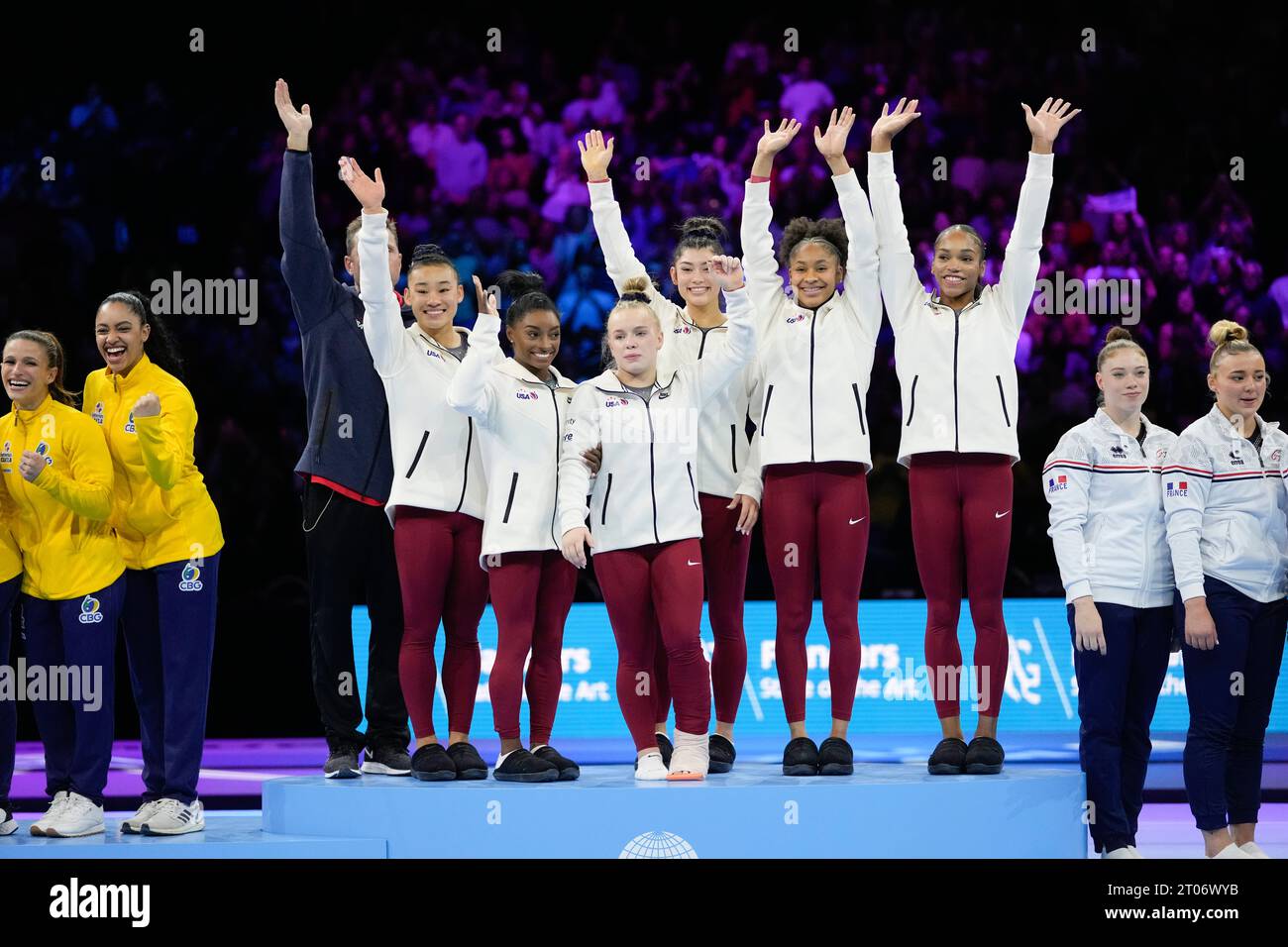 Team USA, center and gold medal, team Brazil, left and silver medal ...