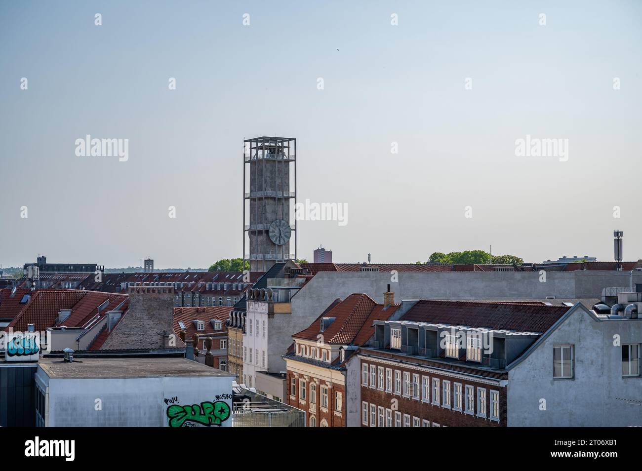 City Hall tower with clock of Aarhus, Denmark during sunset, view from ...