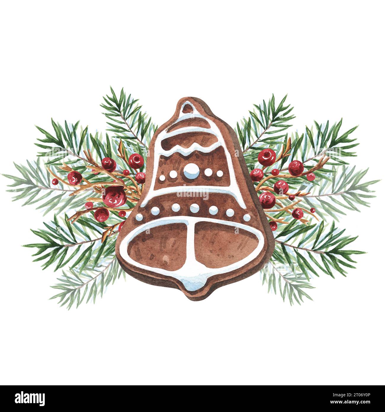 Watercolor gingerbread bell with fir branches and berries isolated on ...