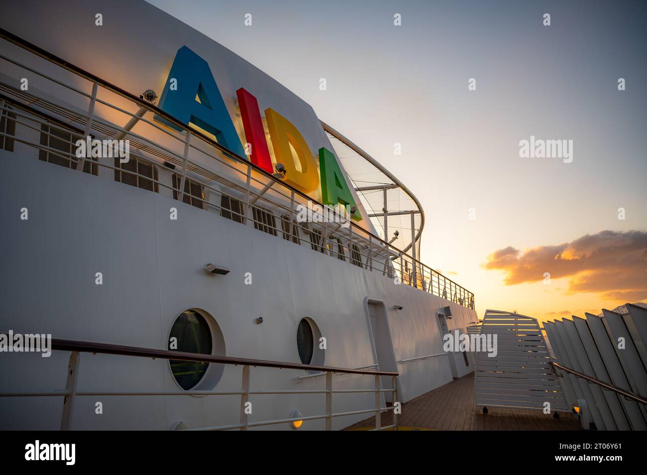Illuminated AIDA Logo at AIDA Bella cruise ship during sunset, low ...