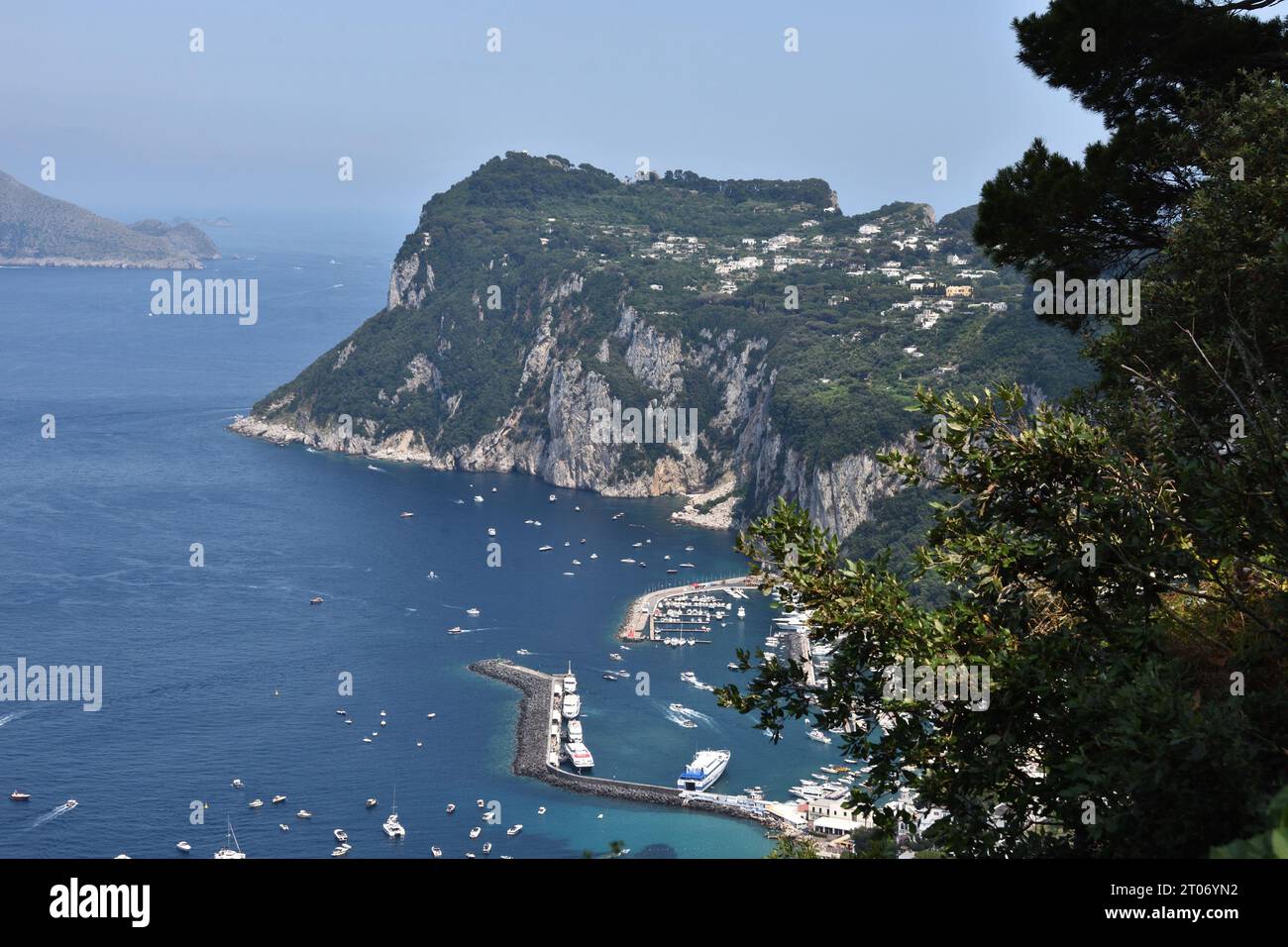 Aerial view of Marina Grande at the foot of Mount Solaro on Capri ...