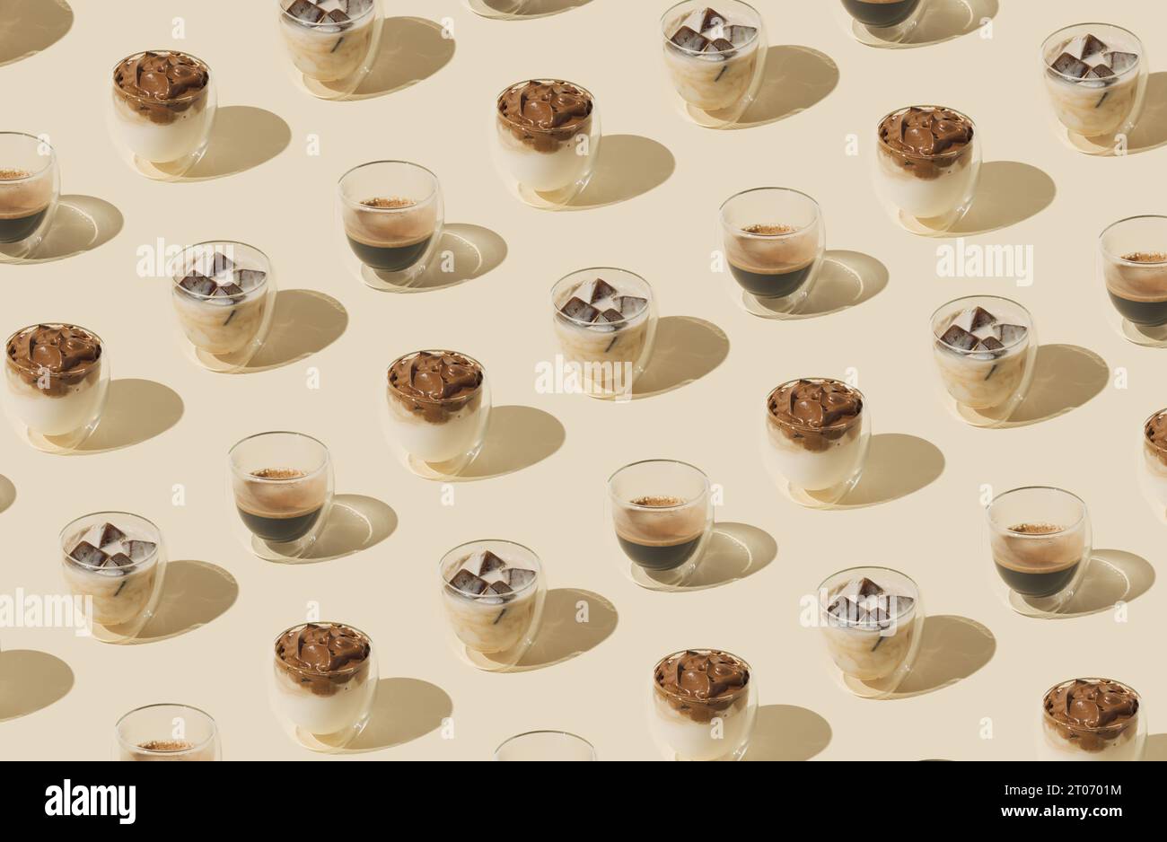 Creative trendy pattern made of different types of coffee drinks on ...