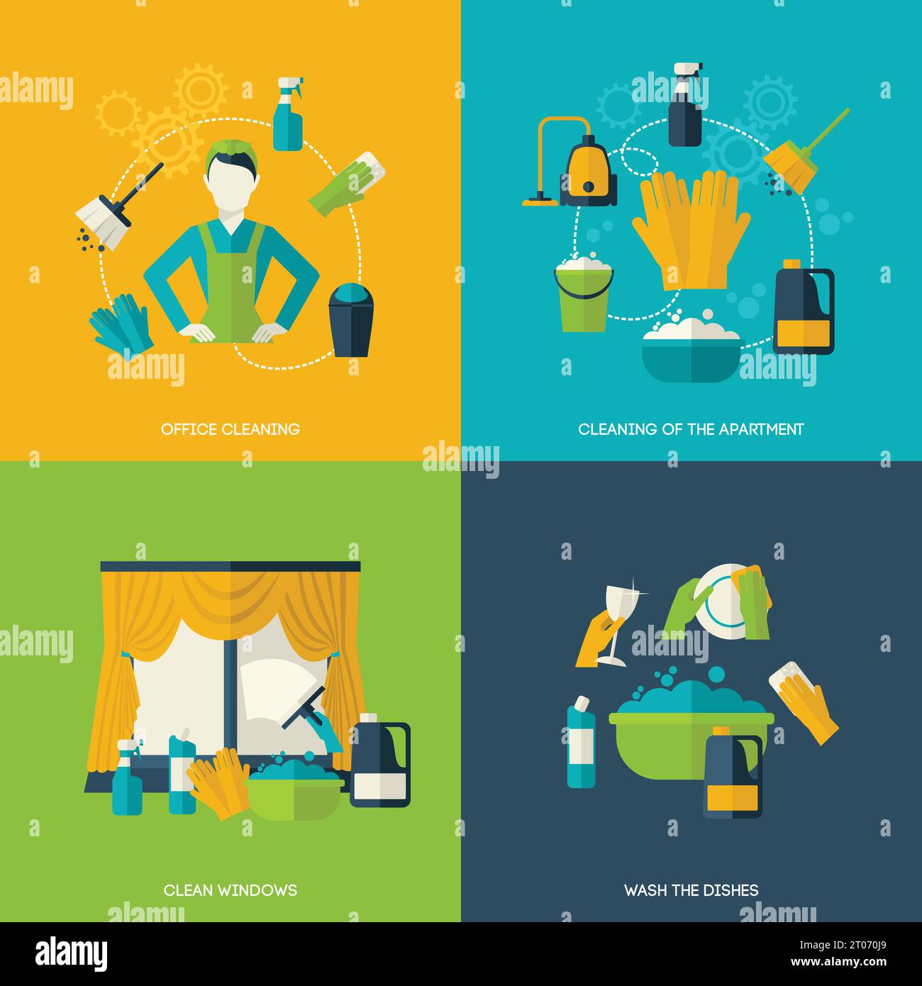Cleaning design concept with office apartment windows dishes flat icons ...