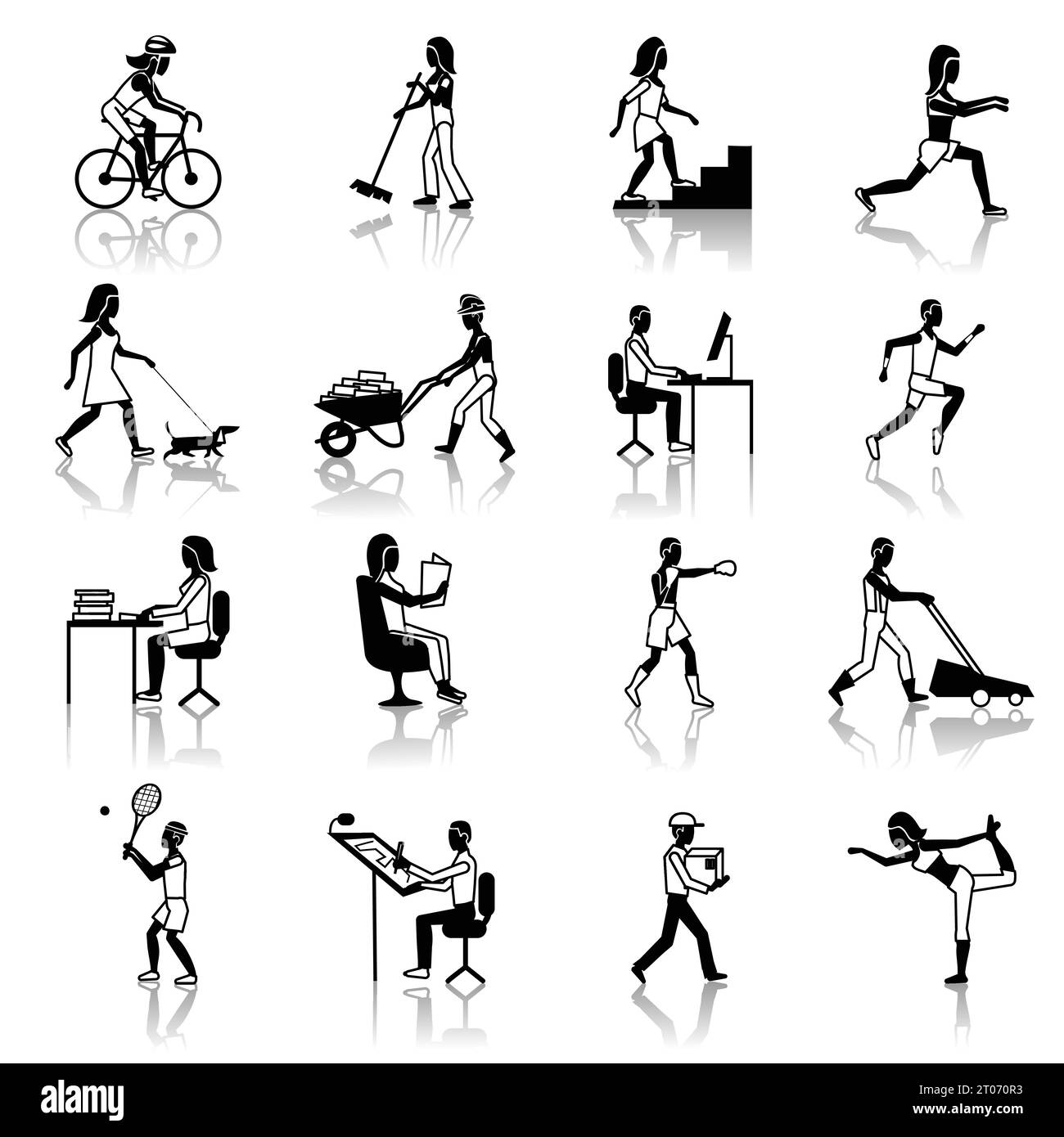 Physical activities icons black set with people silhouettes working ...