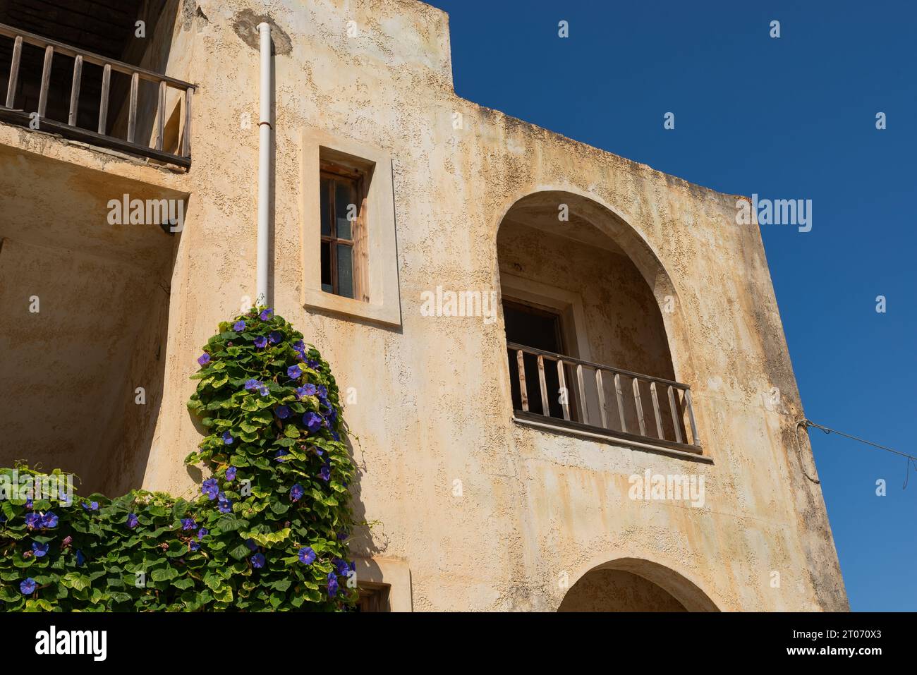 Exterior of downtown building in Agia Pelagia, Crete, Greece Stock ...