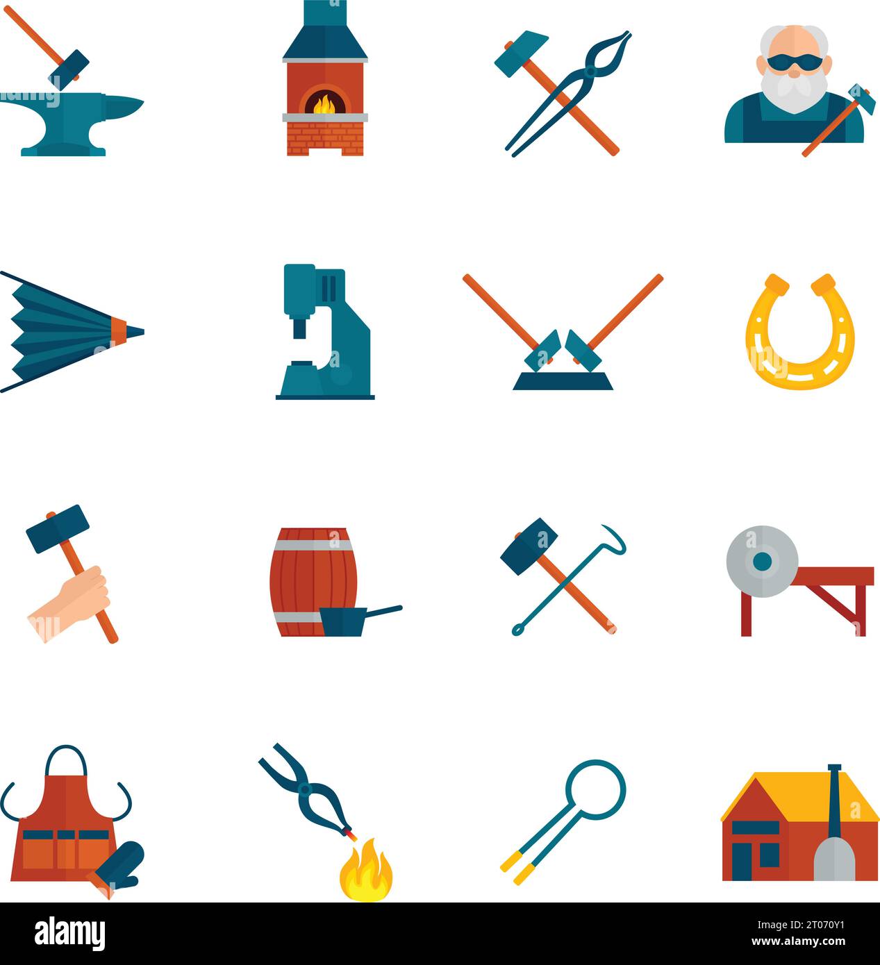 Blacksmith icon flat set with hammer blower fireplace horseshoe isolated vector illustration ...