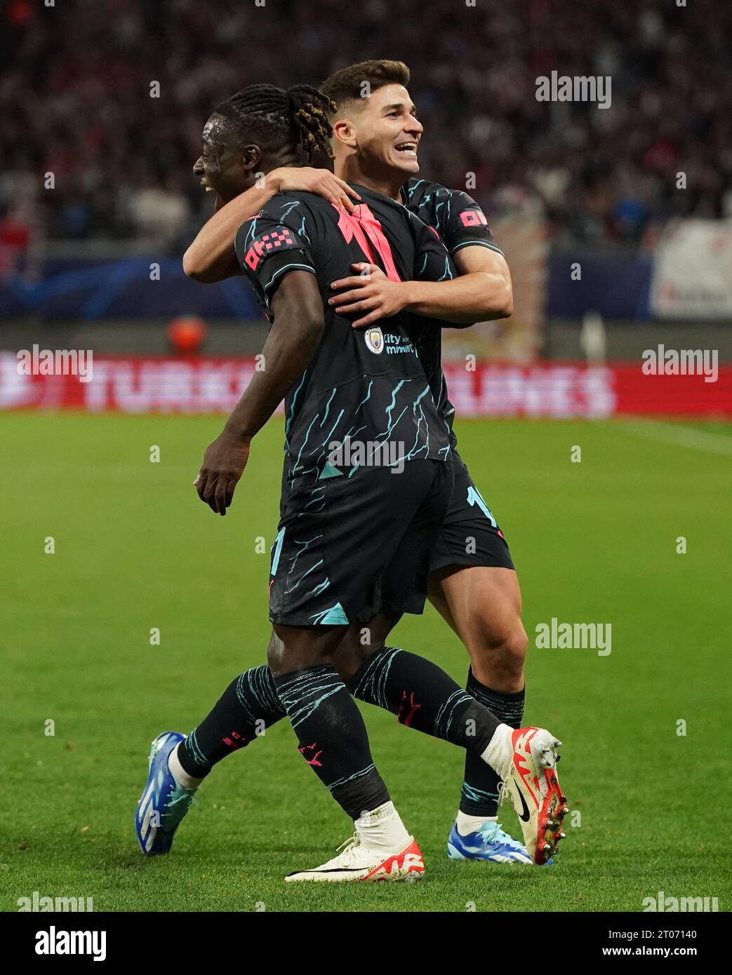 Manchester Citys Julian Alvarez Celebrates With Manchester Jeremy Doku After Scoring Their Side