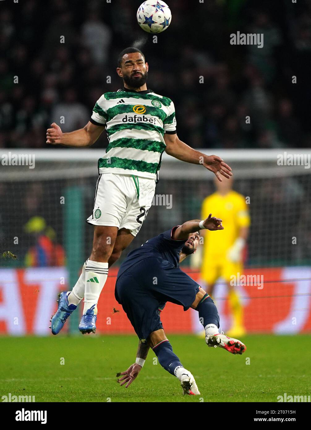 Celtic's Cameron Carter-Vickers wins a header during the UEFA Champions ...