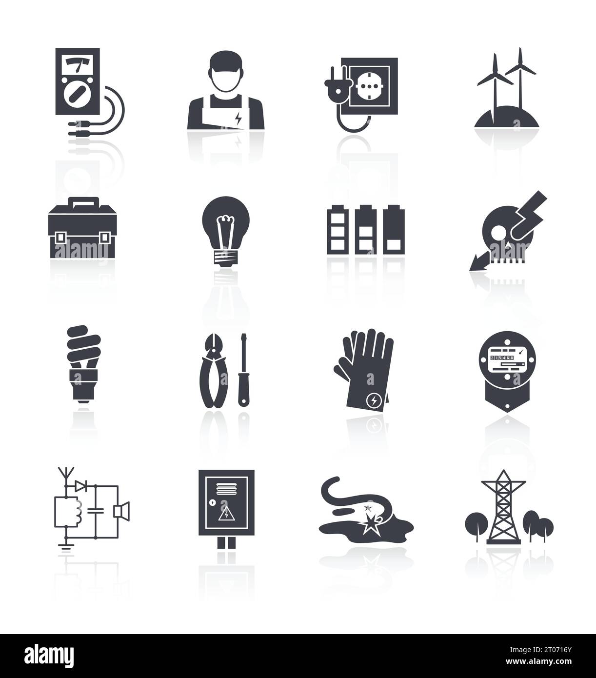 Electricity icon black set with toolbox lamp charge warning sign ...