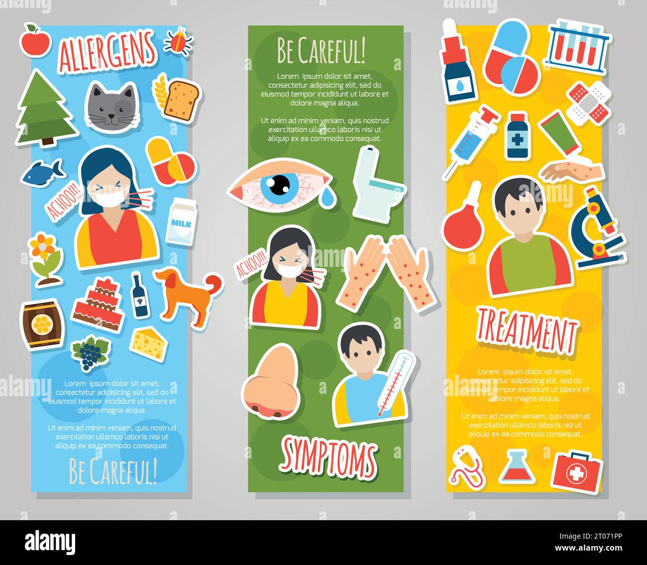 Allergies vertical banner set with allergen disease symptoms stickers ...