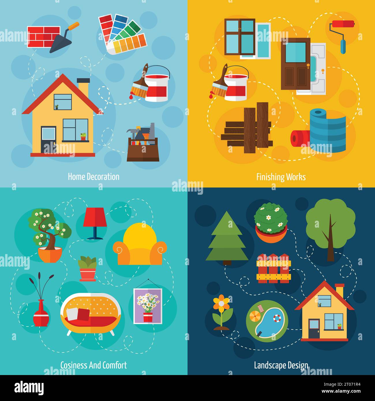 Interior design concept set with home decoration finishing works ...