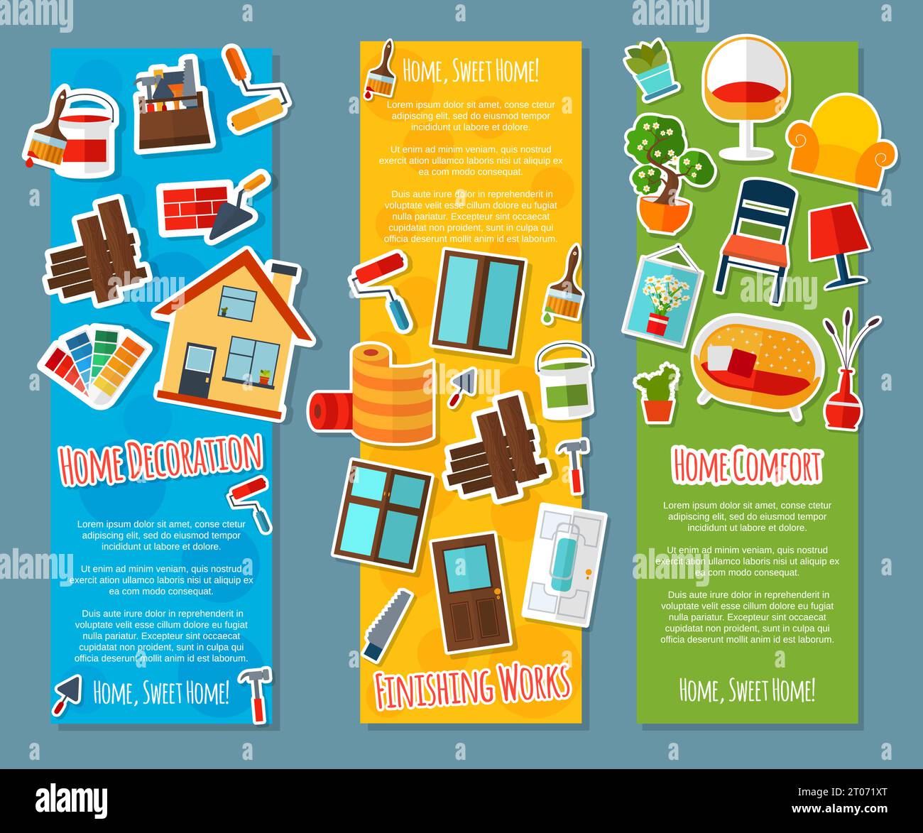 Interior design vertical banners paper set with home comfort finishing ...