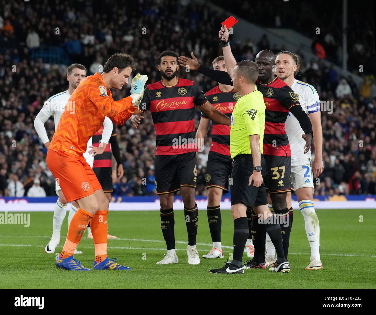 Queens Park Rangers goalkeeper Asmir Begovic receives a red card during ...