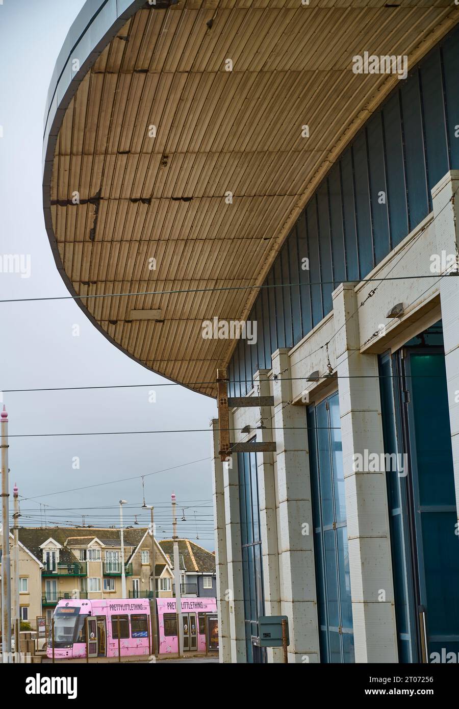 Blackpool tram depot with pink tram in background Stock Photo - Alamy