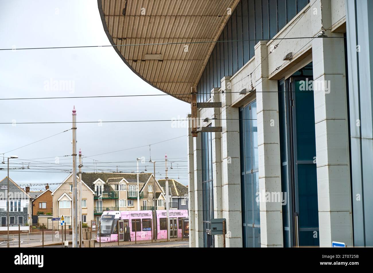 Blackpool tram depot with pink tram in background Stock Photo - Alamy