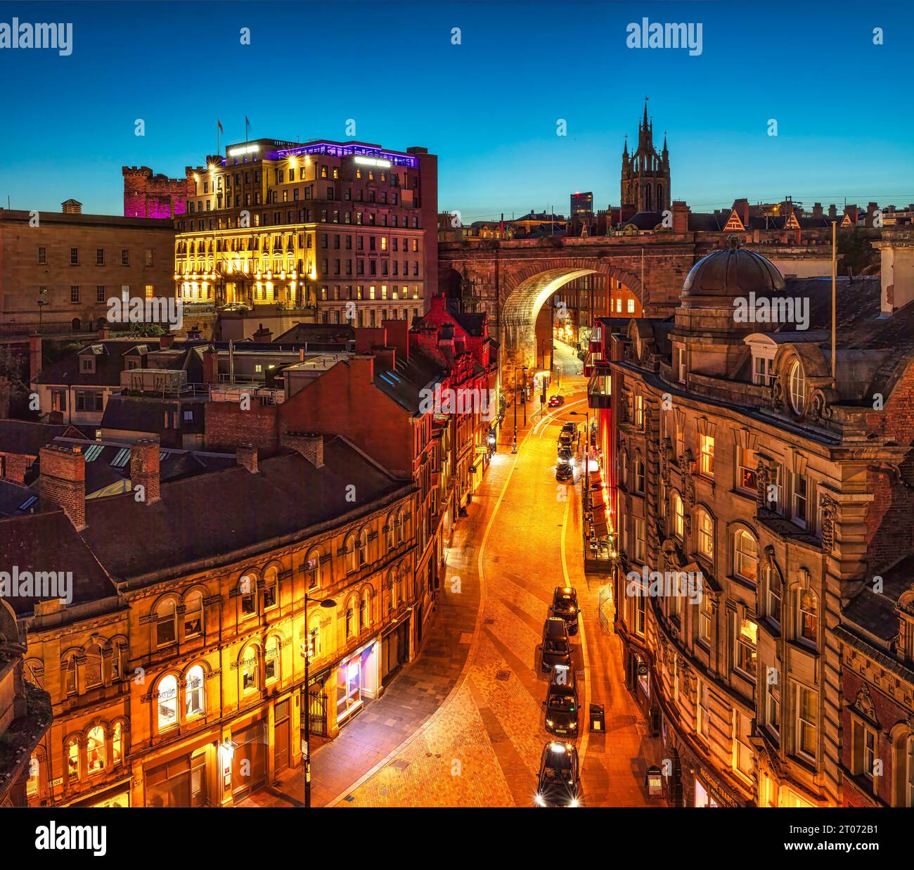 View from the Tyne Bridge at night looking along The Side towards ...