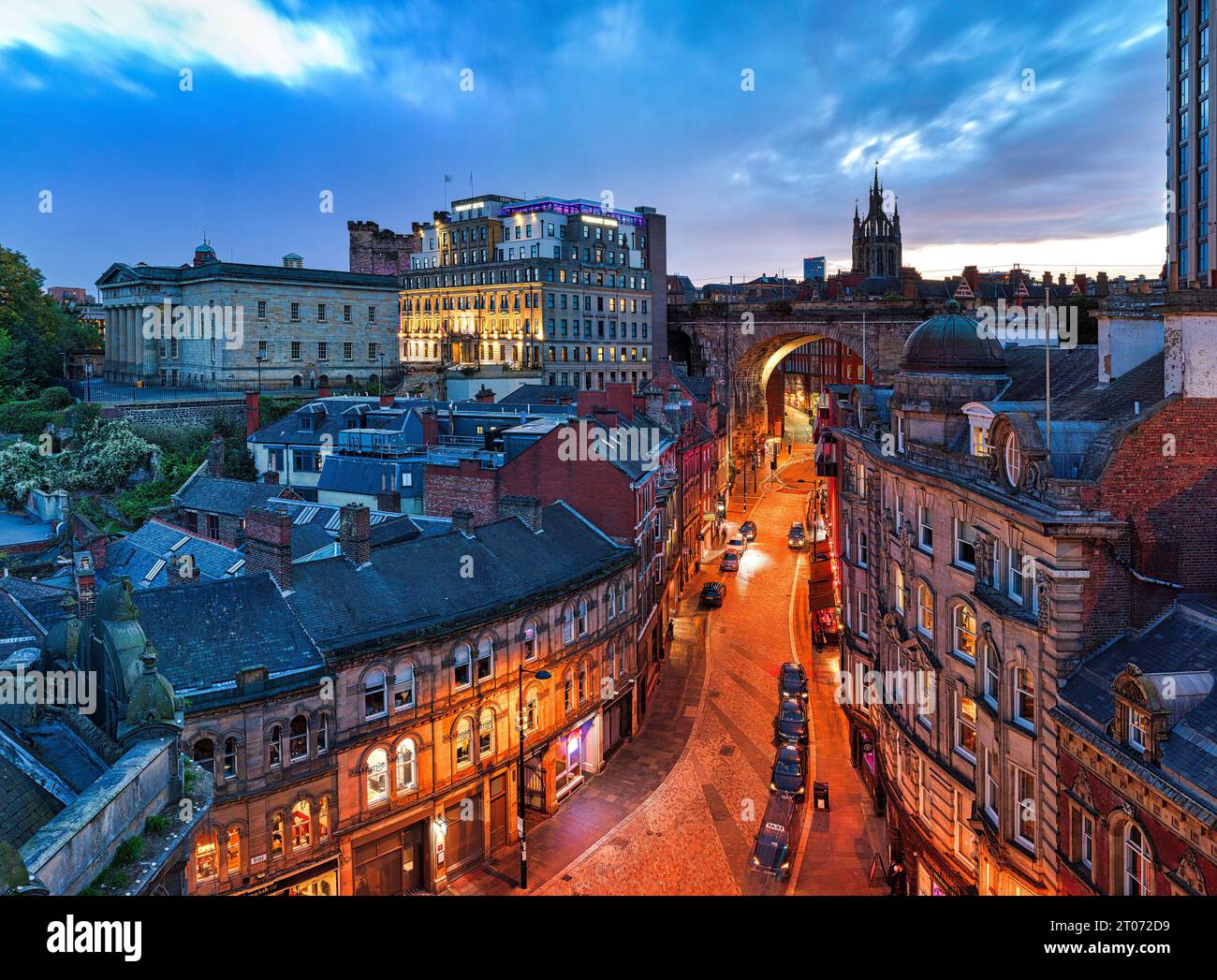 View from the Tyne Bridge at night looking along The Side towards ...