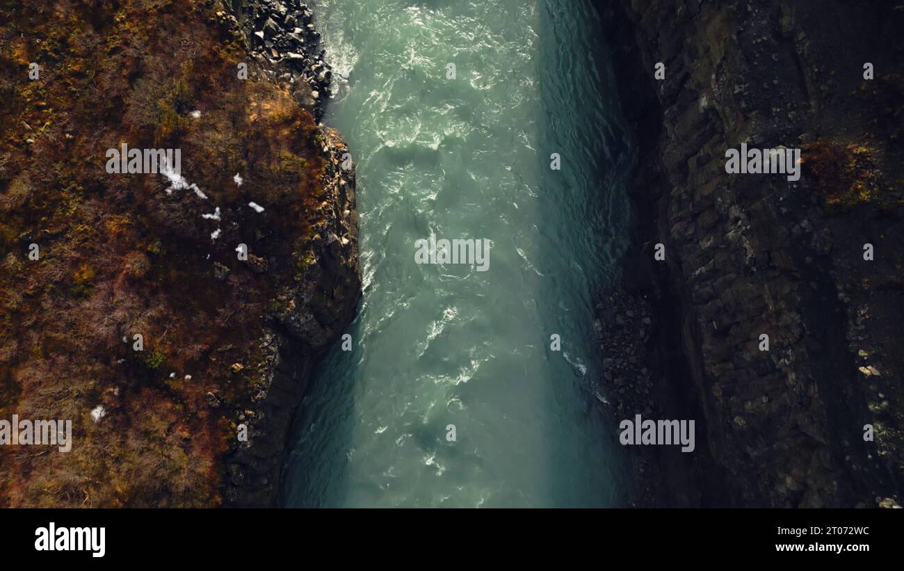 Drone shot of gullfoss cascade river flowing between majestic canyon ...