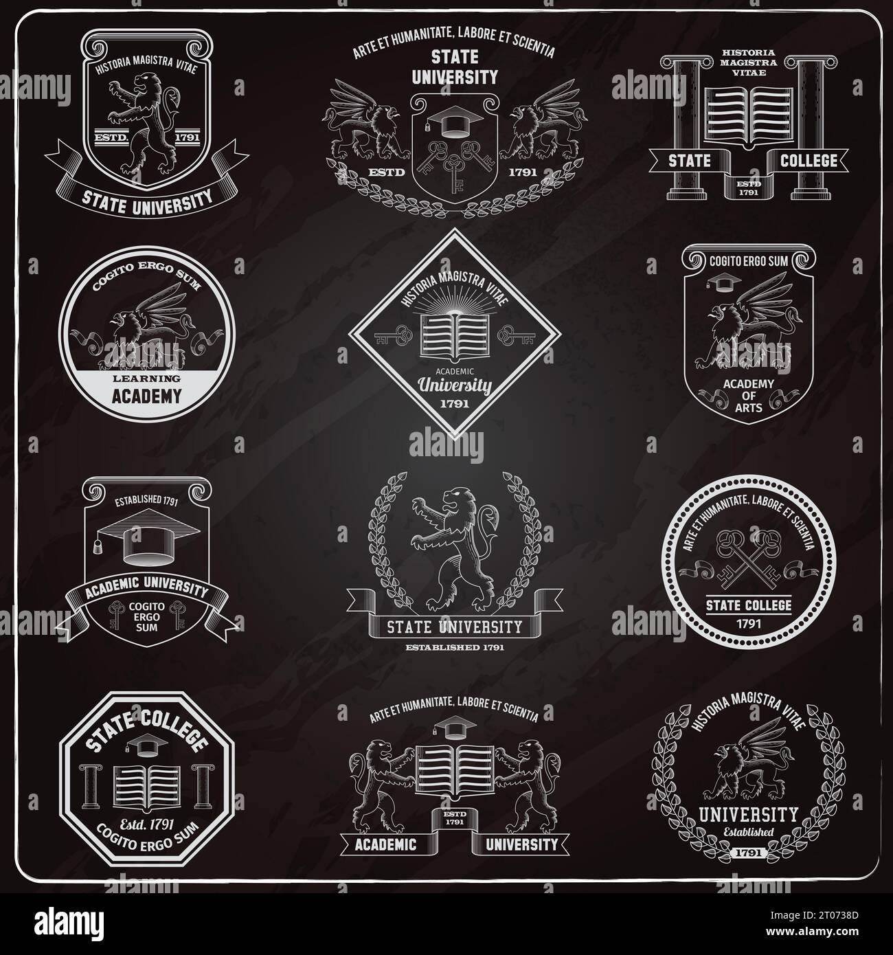 University and college heraldic emblems and labels chalkboard set ...