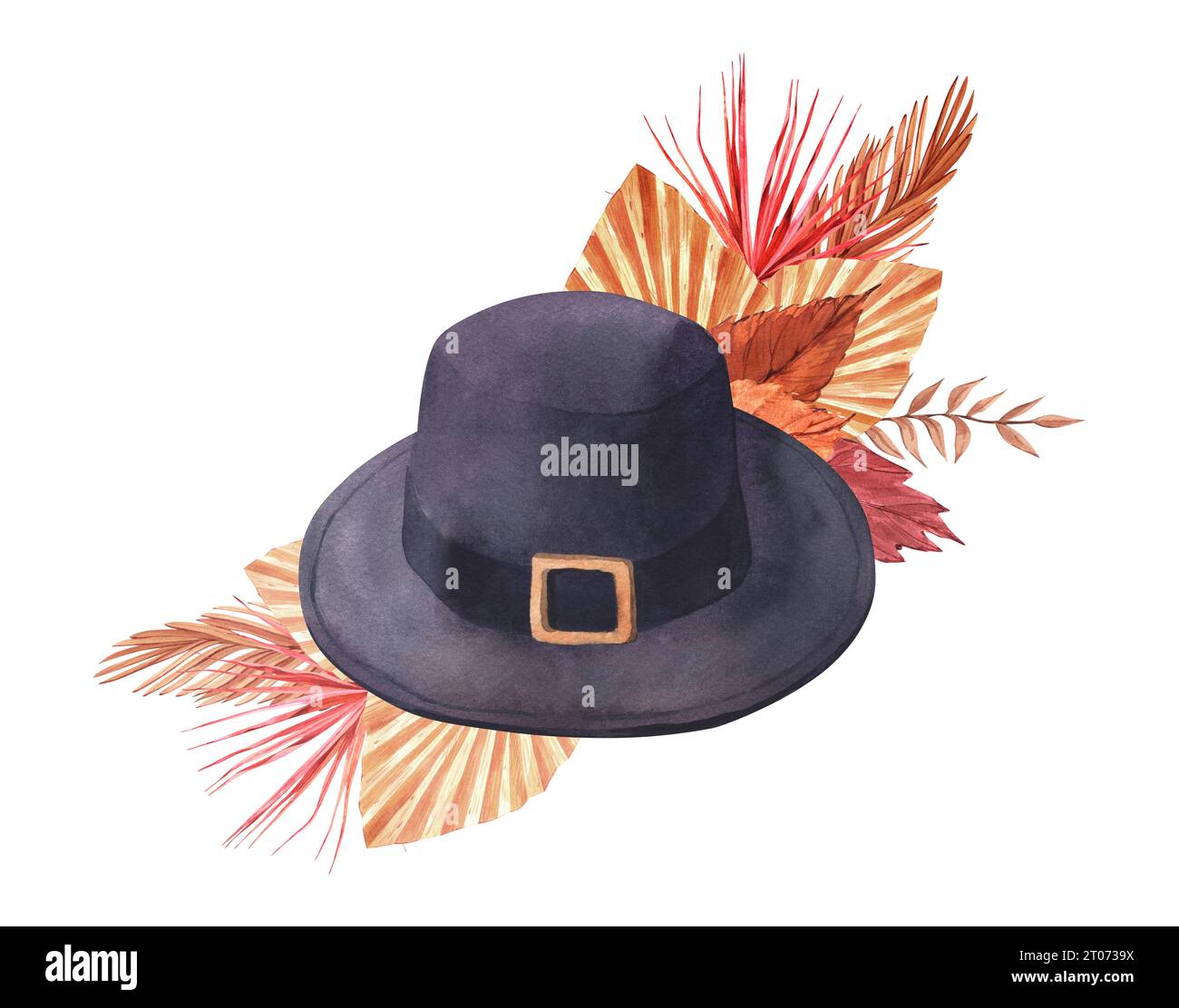 Watercolor realistic pilgrim black hat and leaves. Hand-drawn ...