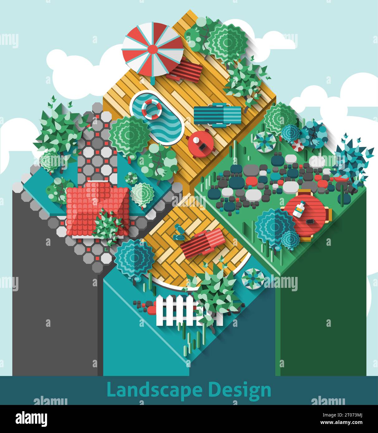 Landscape design concept with top view outdoors gardens elements set ...