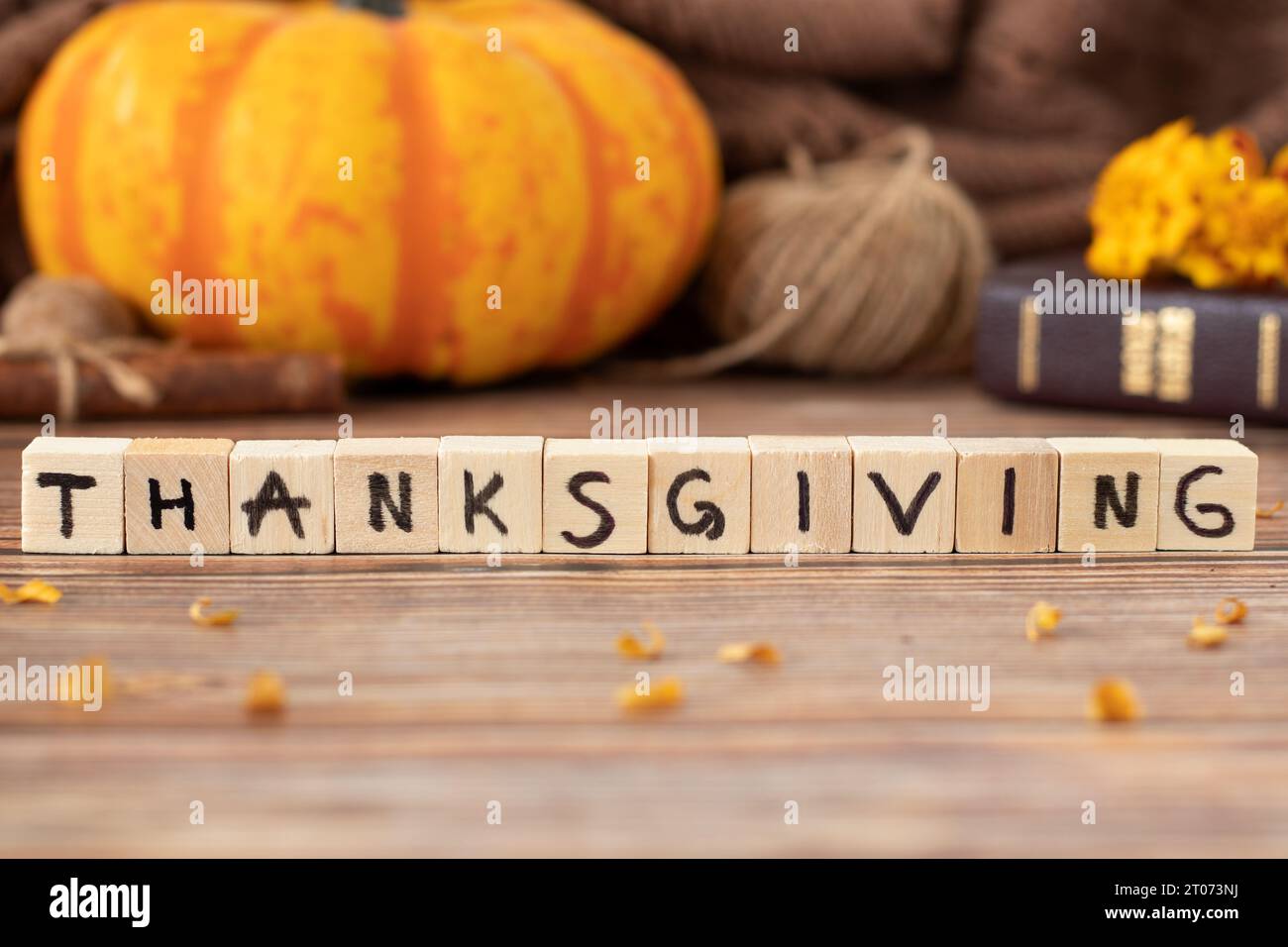 Thanksgiving text on wooden cubes with handwritten letters, autumn ...