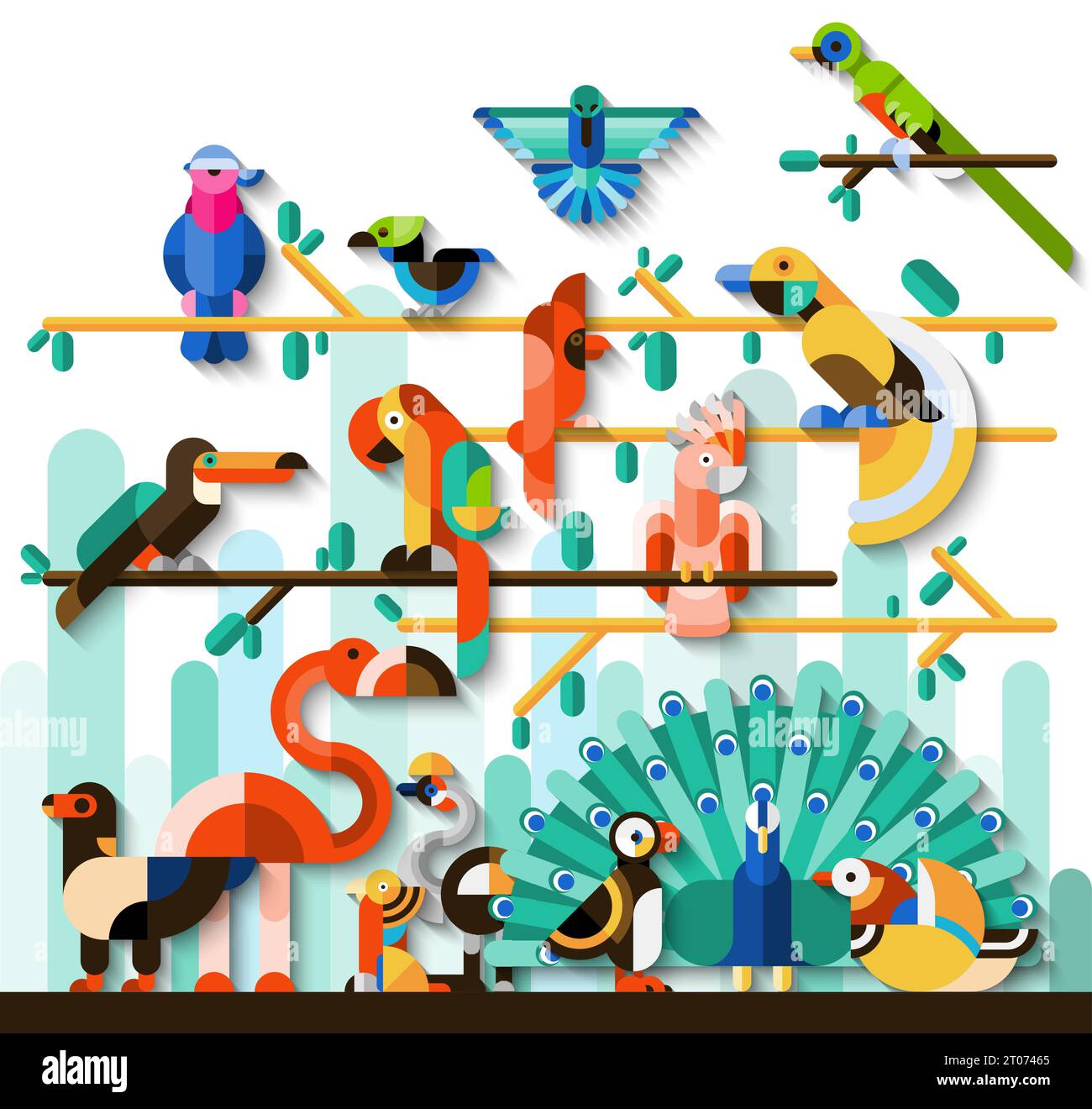 Jungle birds rainforest wildlife concept with tropic animals set vector ...