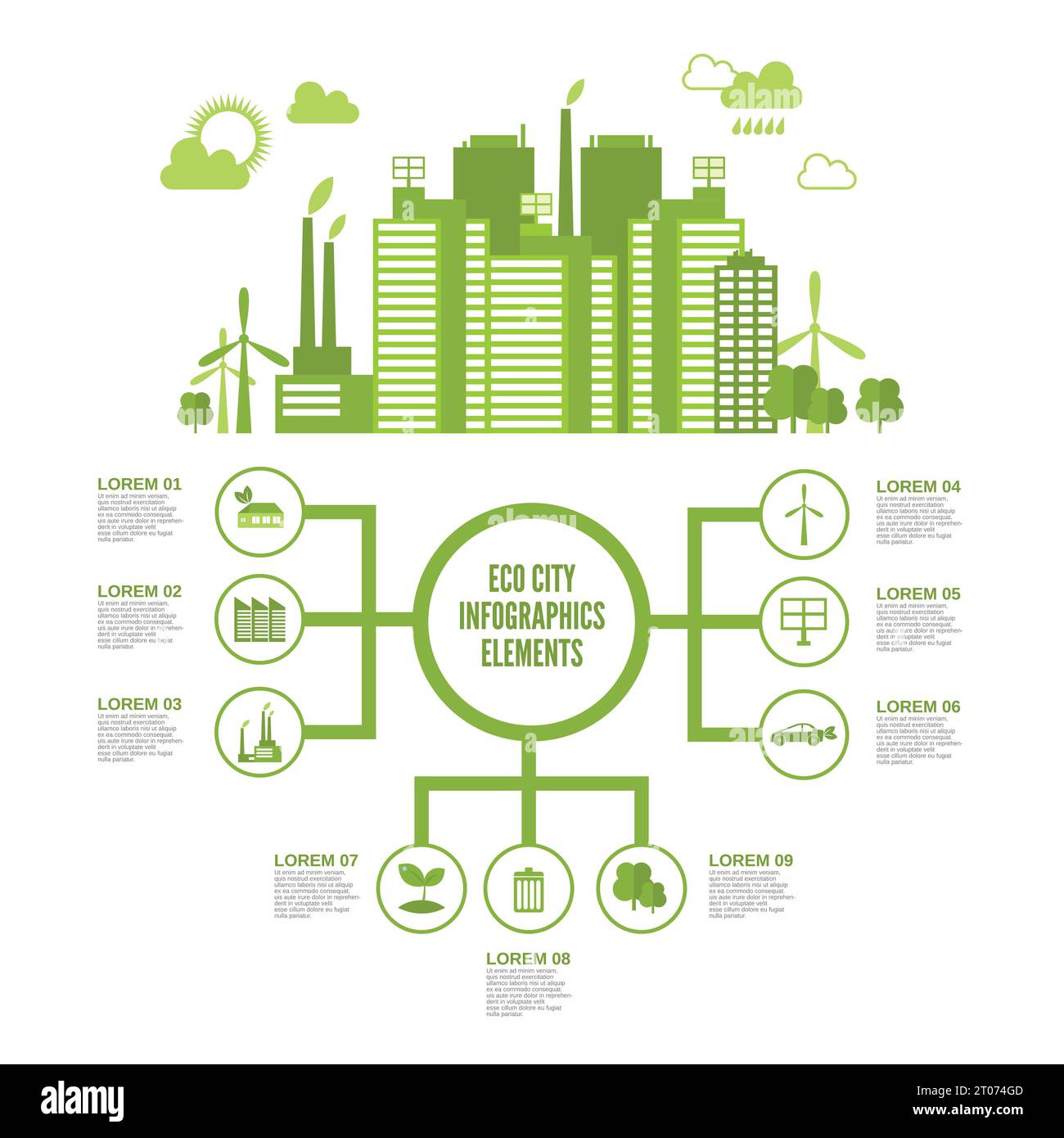 Eco town infographic set with green ecosystem elements and arrows ...