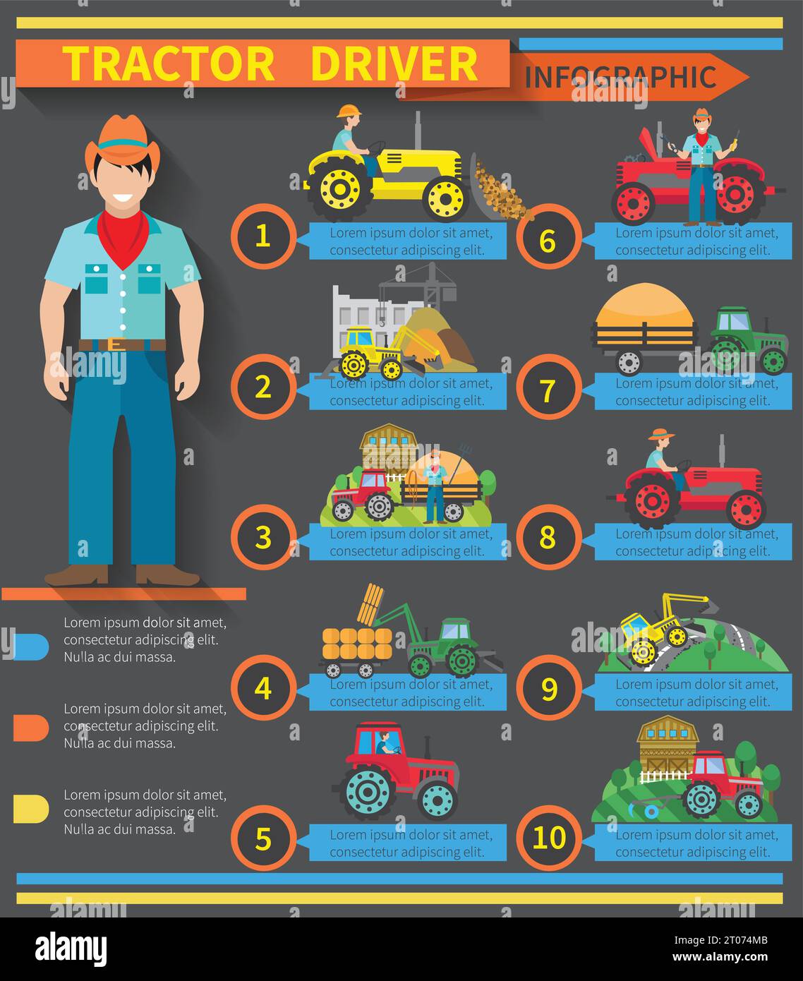 Tractor driver infographics set with farm and construction machinery ...