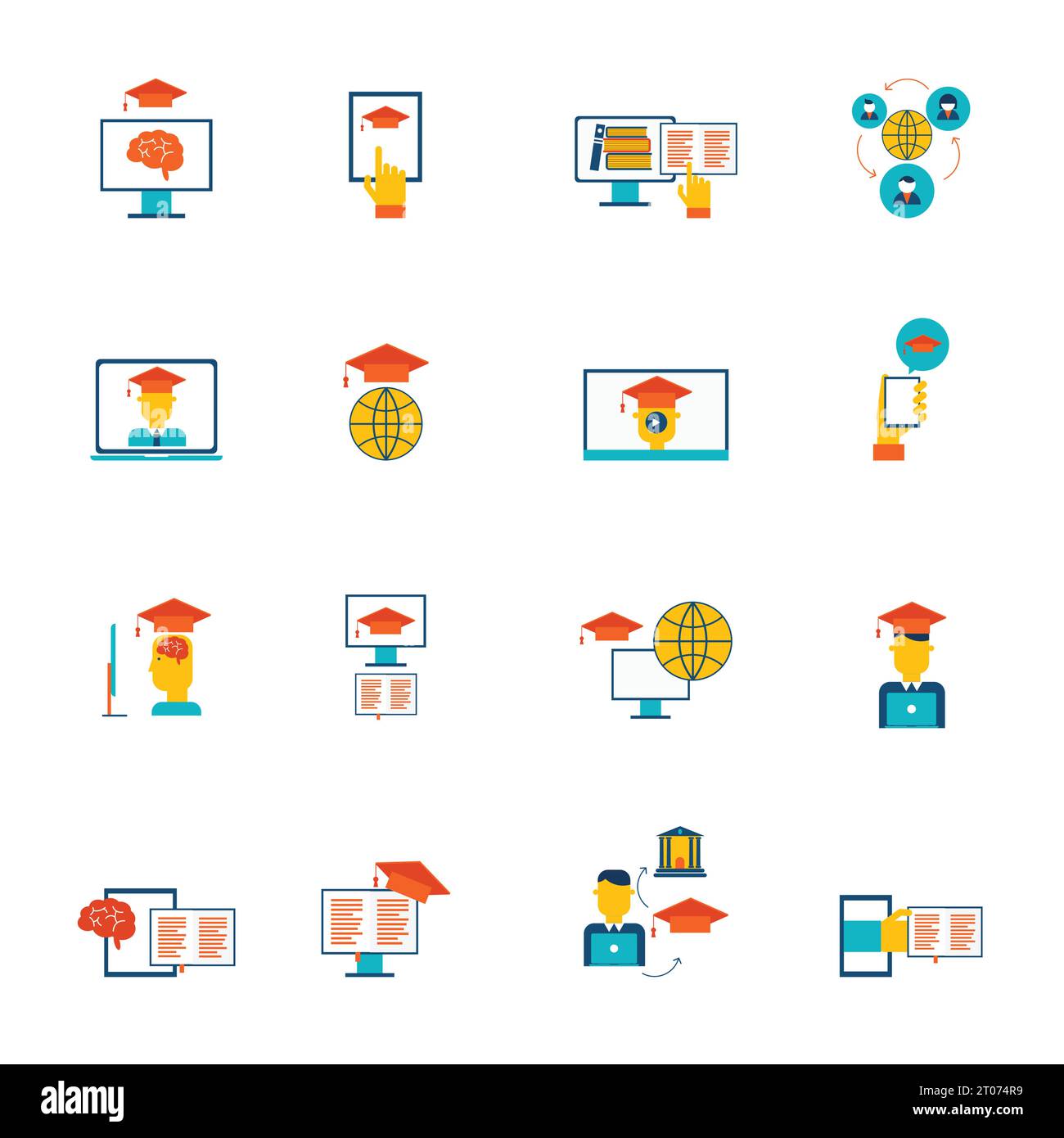 Online education e-learning distance training and graduation icons flat ...