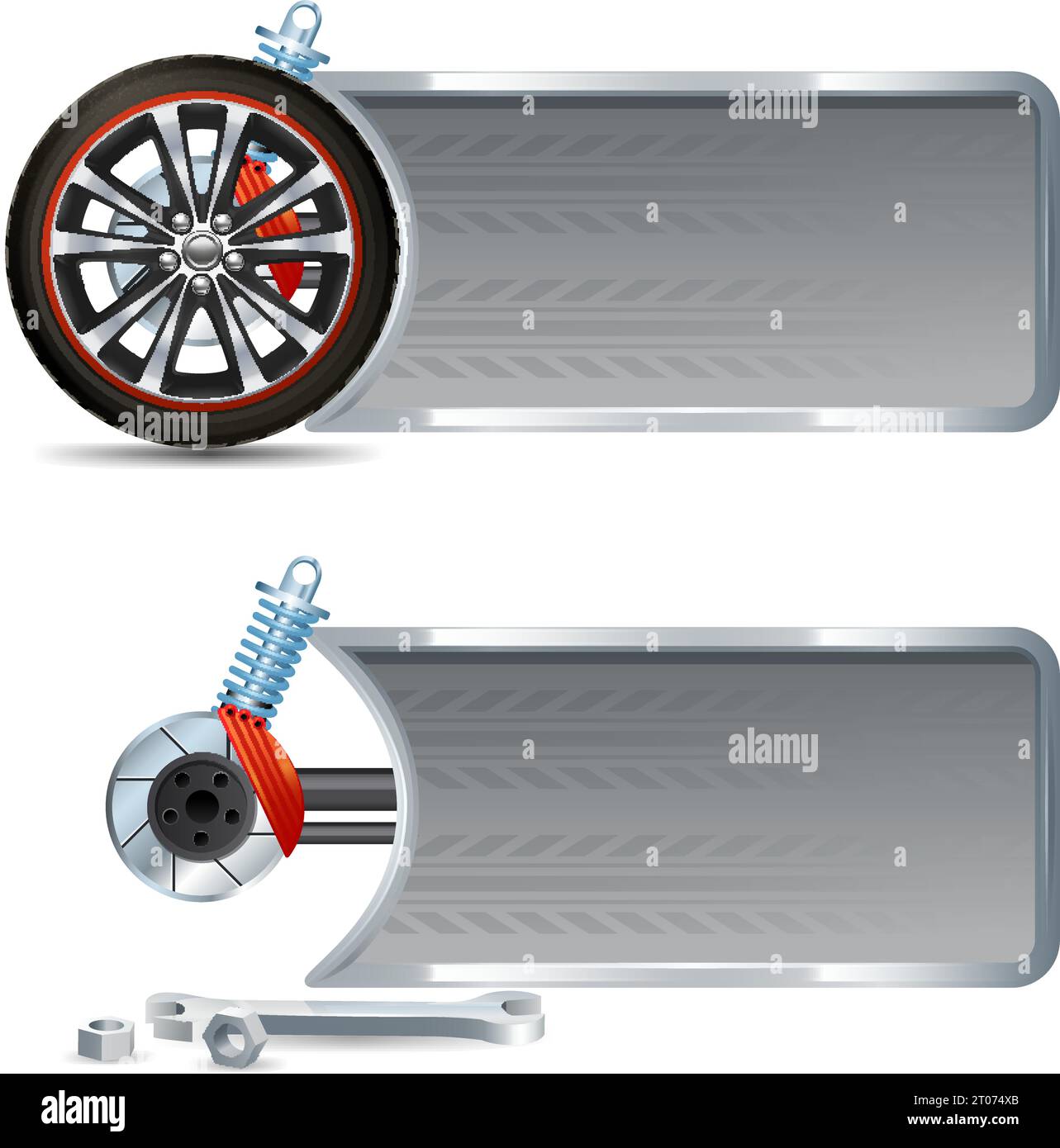 Racing horizontal banner set with realistic wheel tire and car repair ...