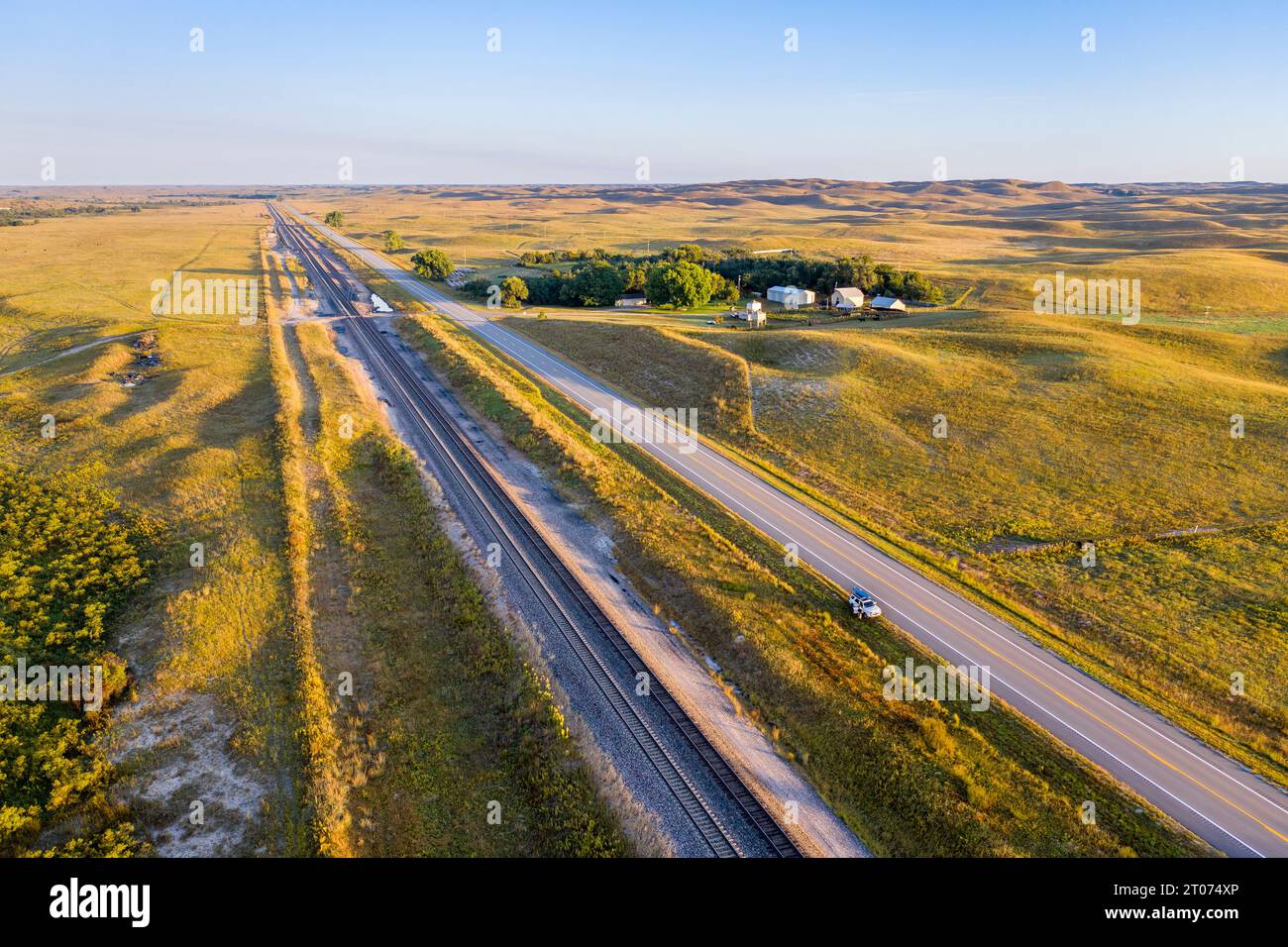 highway and railroad across Nebraska Sandhills along the Middle Loup ...