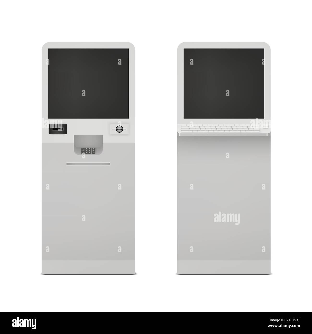 Realistic Information Self Service Terminal Computer Stand Set Isolated Vector Illustration