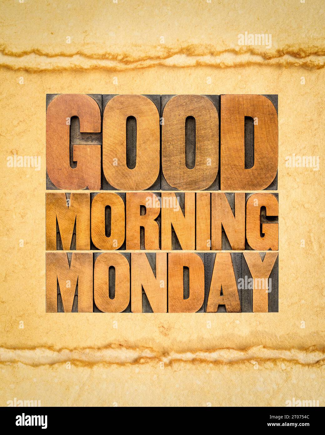 Good Morning Monday word abstract in letterpress wood type against art ...