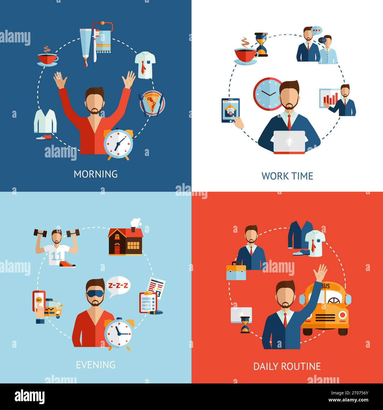 Businessman daily routine 4 flat icons composition of morning working ...
