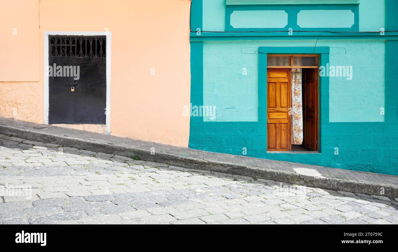 Street view of the facade of an old colonial building, architecture ...