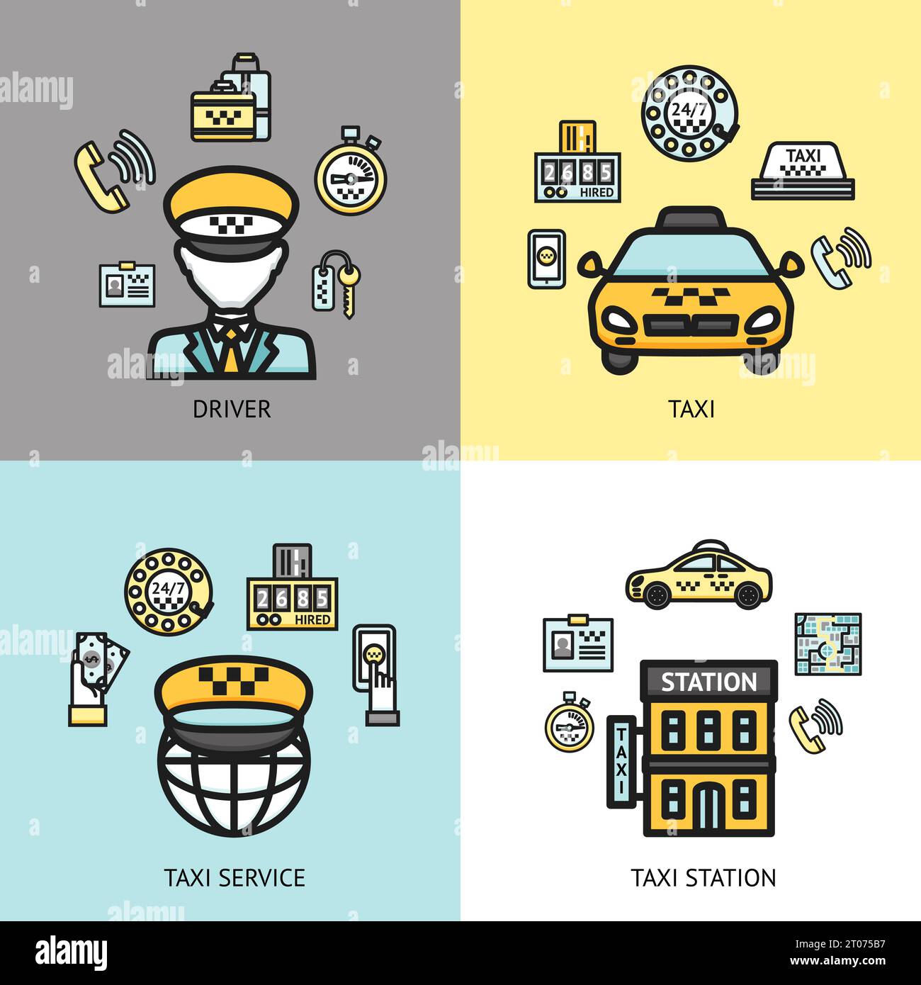 Taxi station 24h available call service 4 flat icons composition with ... Taxi station 24h available call service 4 flat icons composition with ...