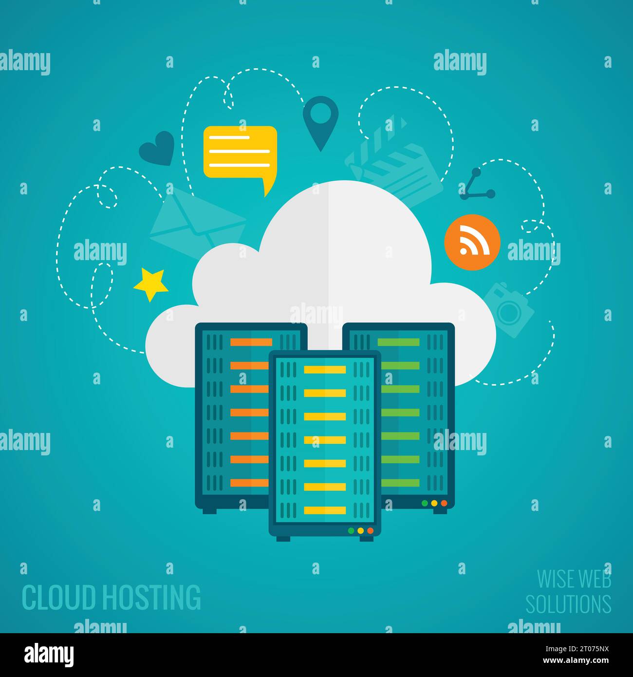 Hosting concept with data storage and exchange service flat icons set ...