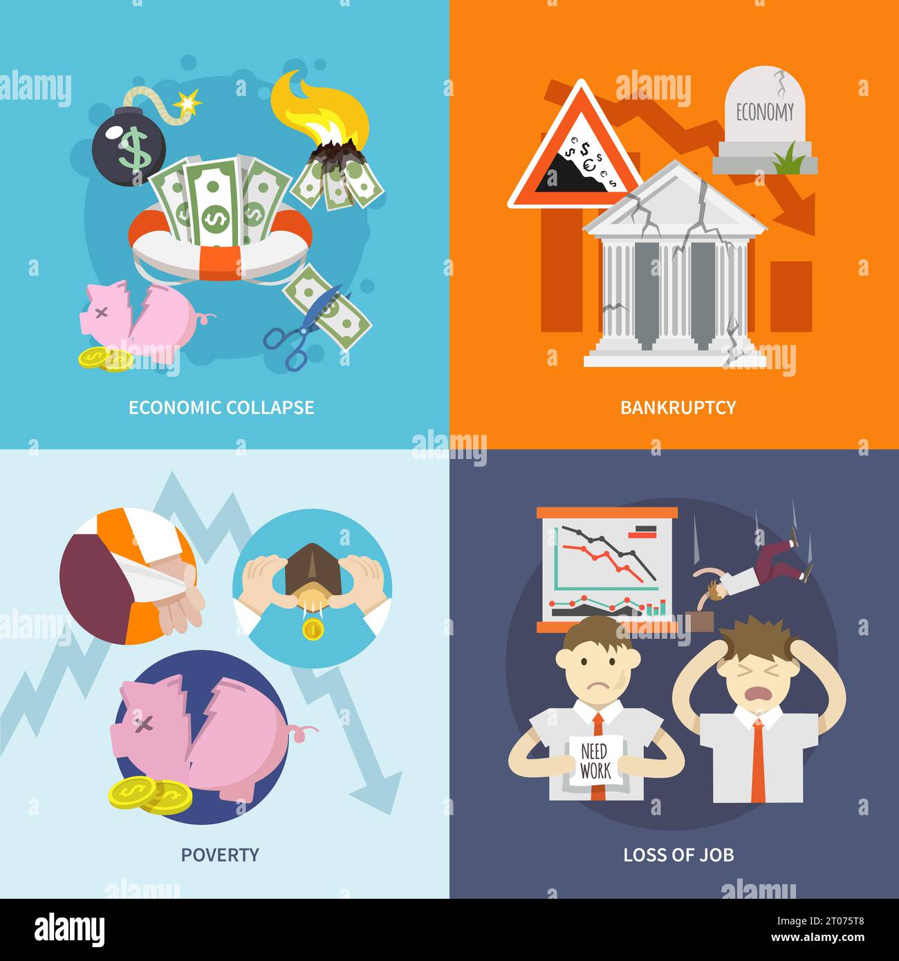 Economic crisis design concept set with collapse bankruptcy poverty job loss flat icon isolated ...